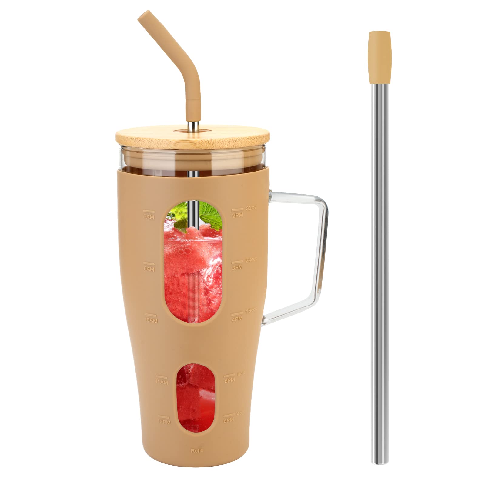 Zukro 40 oz Glass Tumbler with Handle and Wide Straw, Drinking Cup With Bamboo Lid For Water, Iced Coffee, Time Marker to Dink, Large Smoothie Cup with Silicone Sleeve, BPA Free, Fit Cupholder, Khaki