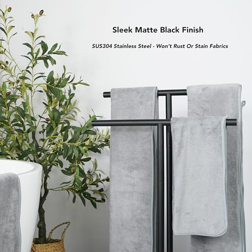 WISATO - Free Standing Towel Rack for Bathroom - Stand Alone 2 Tier Stainless Steel Towel Rack for Bathroom Floor with Heavy Marble Base & Matte Black Finish - Double T Shape Drying Stand for Towels