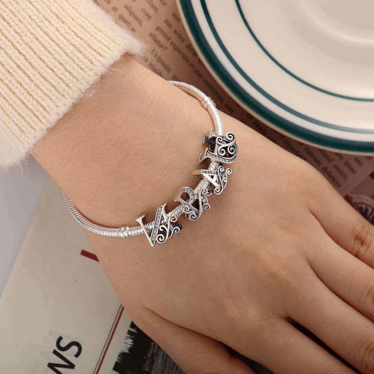 XinYouZhi Initial A-Z Letter Beads 925 Sterling Silver Alphabet Dangle Charms with Cubic Zirconia