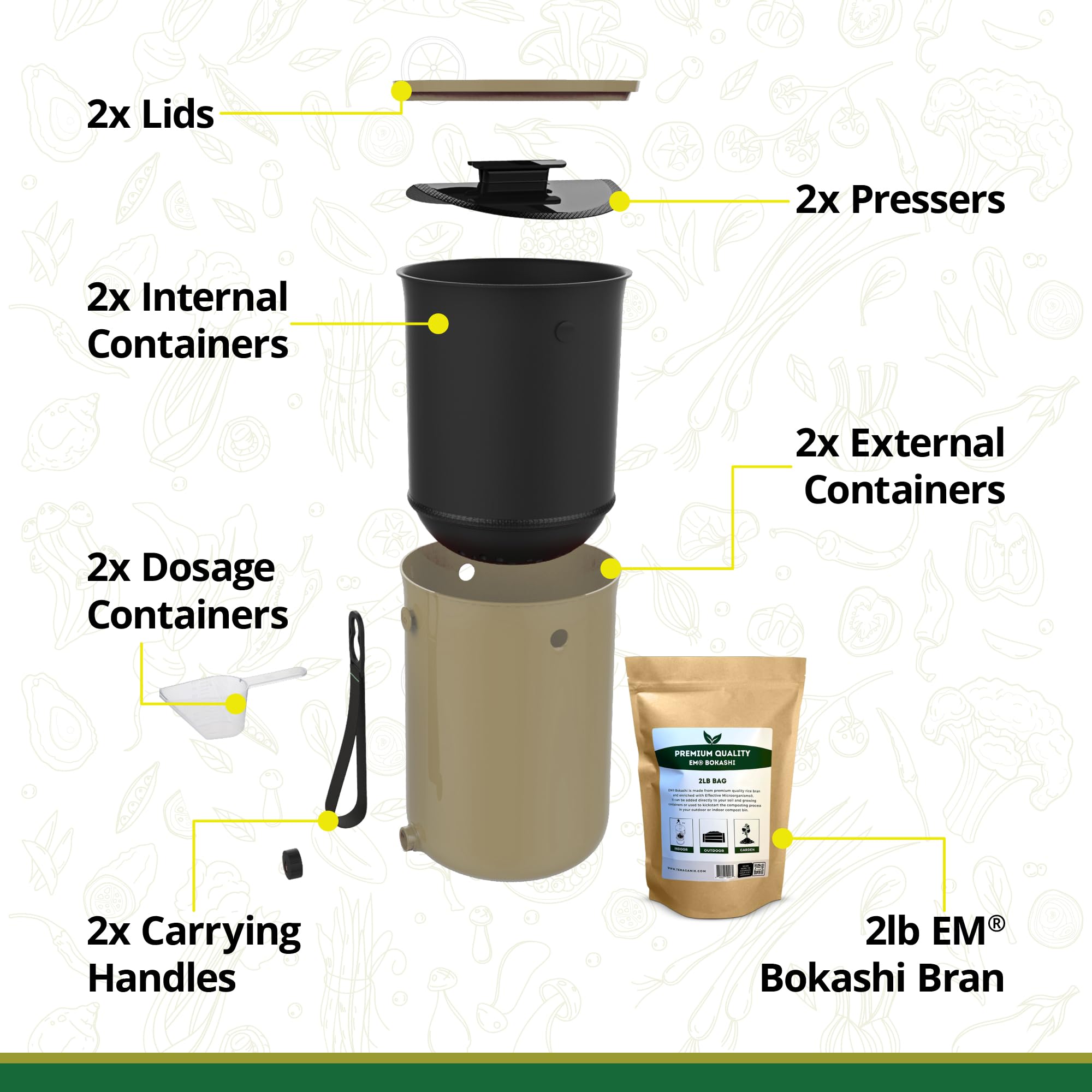 TeraGanix Bokashi Compost Bin + 2 Lb Bokashi Bran, Kitchen Countertop Composter, All Season Indoor Composting, Easily Drain Liquids, Odor Free, Airtight Lid, 2.5 Gallon (Olive, 2 Units)
