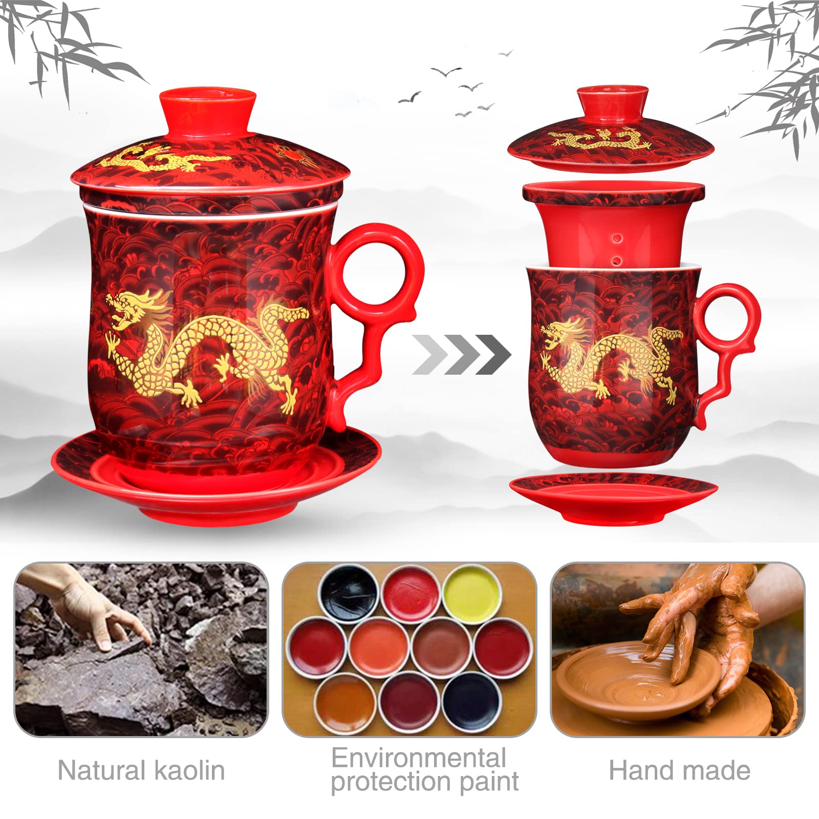 YURROAD 2 Pack - Ceramic Tea Cup with Infuser and Lid Tea Mugs Teaware with Filter and Coaster Porcelain Tea Steeping Mug - 13.5 oz / 400ml
