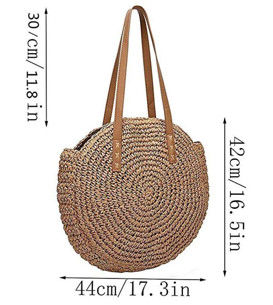 Straw Bag Women Handwoven Round Straw Handbag Natural Chic Large Summer Beach Tote Woven Handle Shoulder Bag (Khaki)