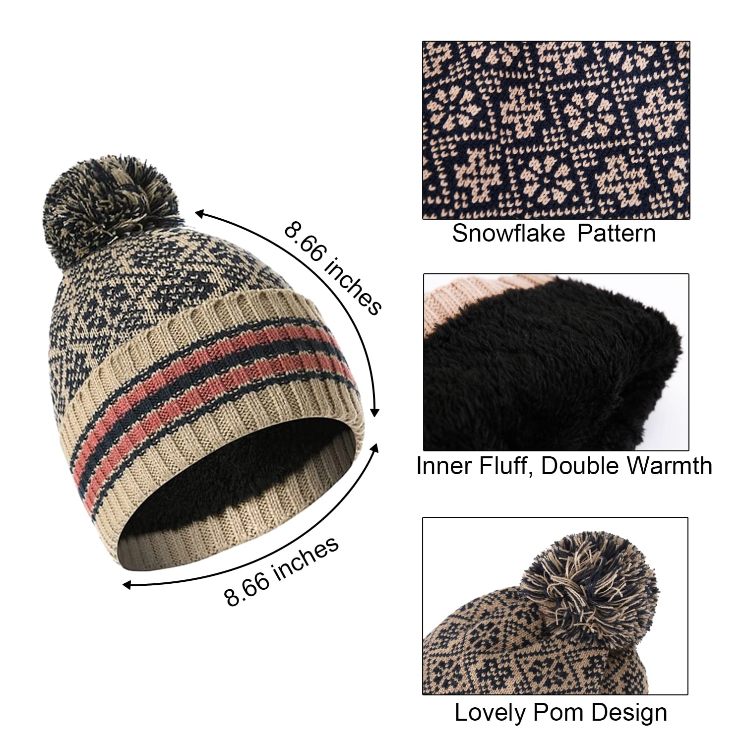 Winter Beanie Hat Scarf Touch Screen Gloves Set with Pom for Women, Beanie Hat Long Scarf Neck Warmer Touchscreen Gloves 3 in 1 Set(NAVY!!)
