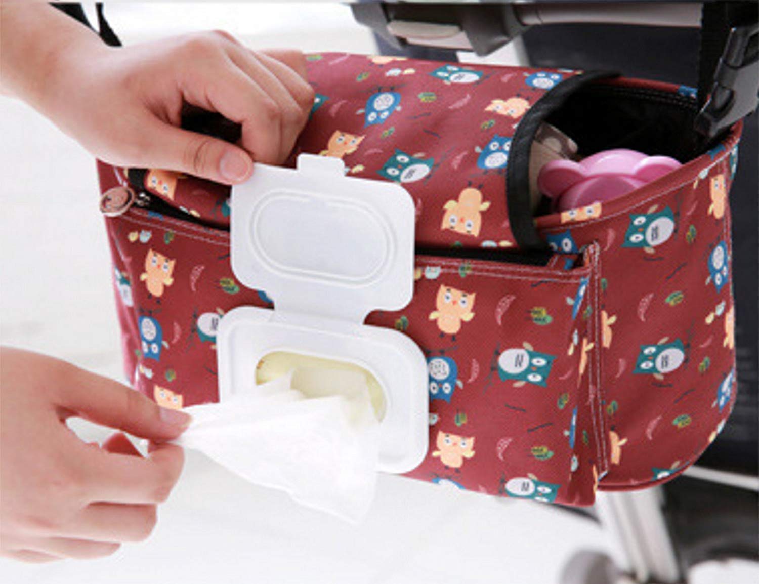 Universal Baby Trolley Storage Carriage Bag Stroller Buggy Pushchair Organizer, Diaper Storage Bag with Baby Wipes Dispenser (Brown)