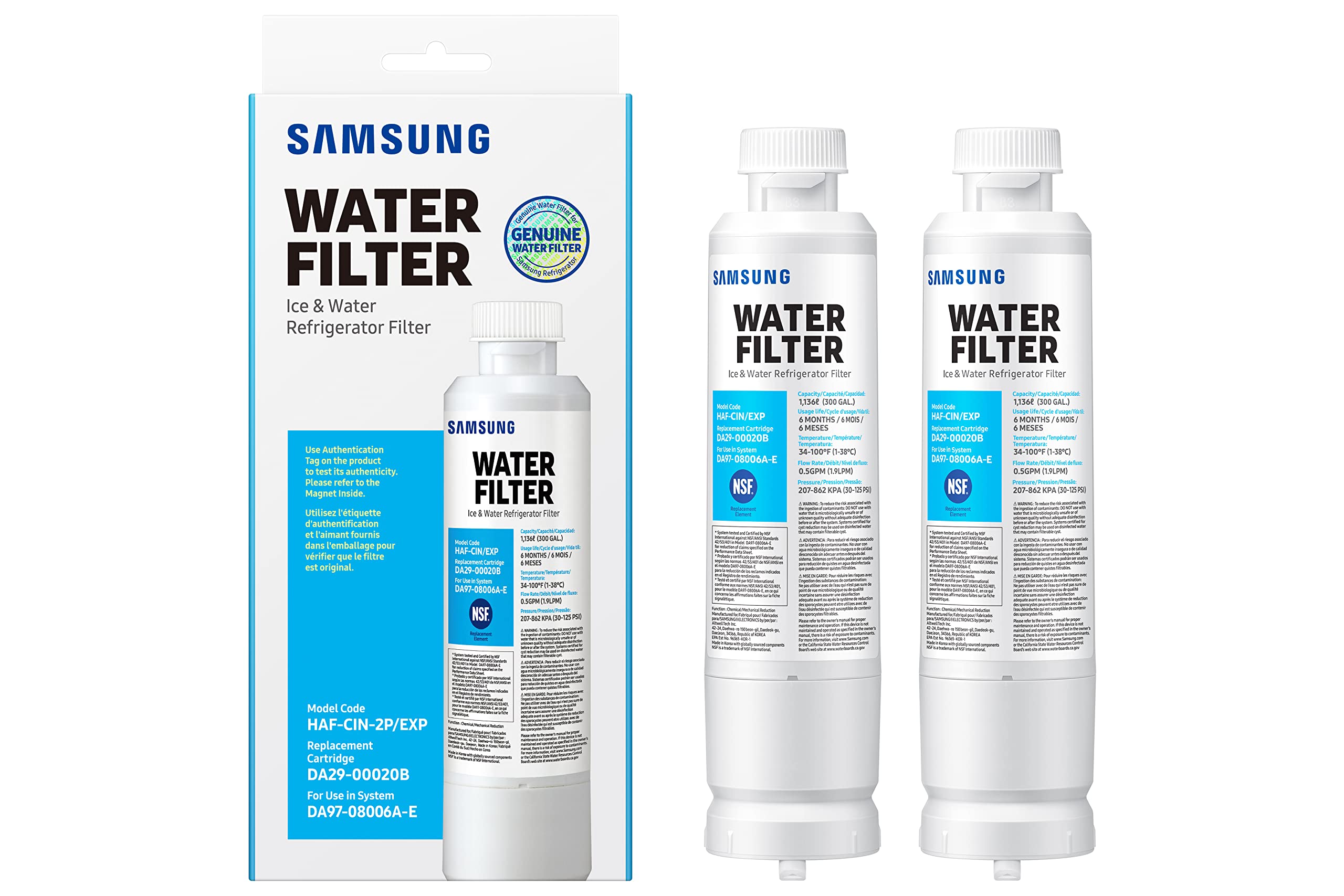SAMSUNG Genuine Filters for Refrigerator Water and Ice, Carbon Block Filtration for Clean, Clear Drinking Water, DA29-00020B-2P, 2 Pack