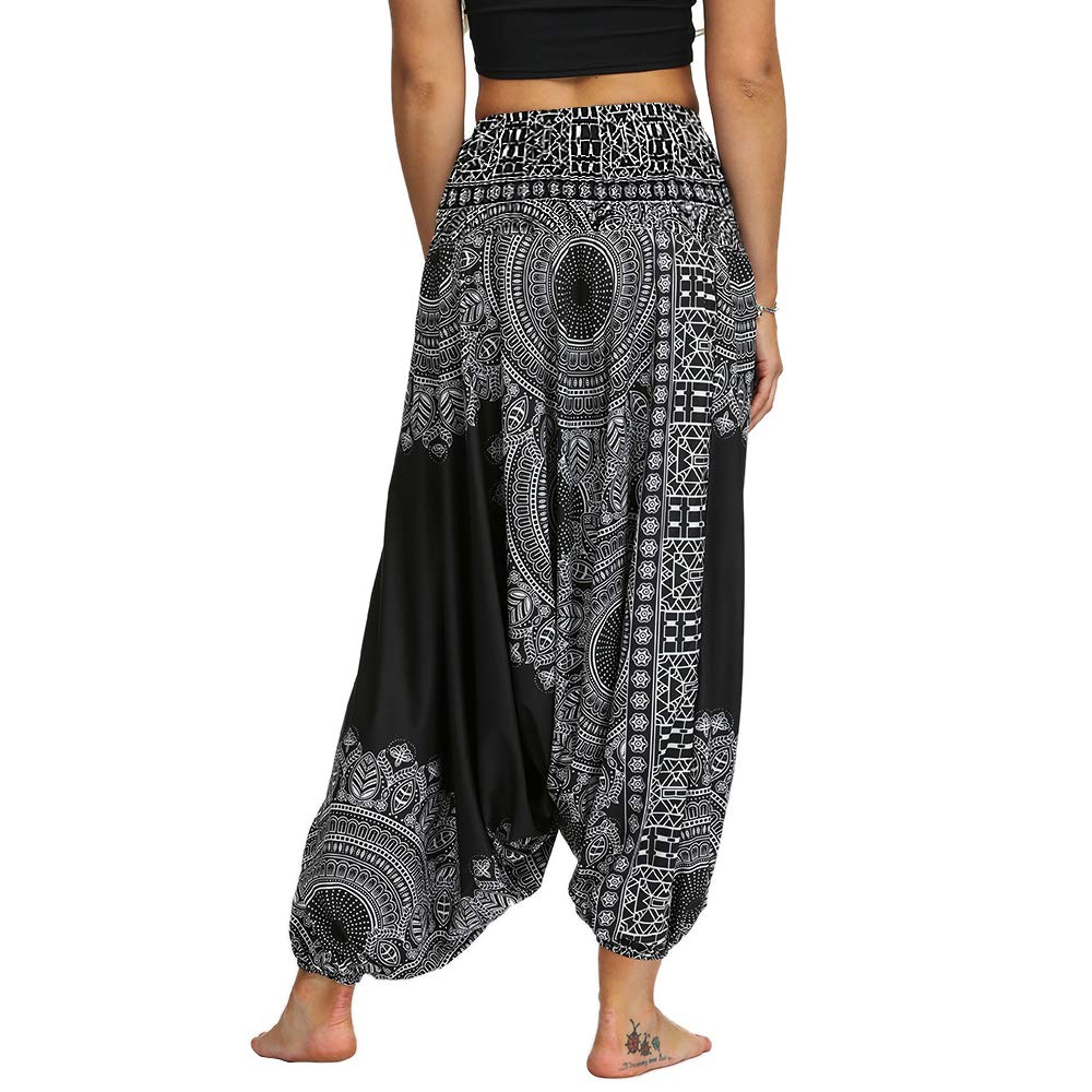 Xixiuly Women's Drop Crotch Hippie Harem Pants Boho Pattern High Waist Baggy Yoga Trousers Lounge Beach Brown ONE Size