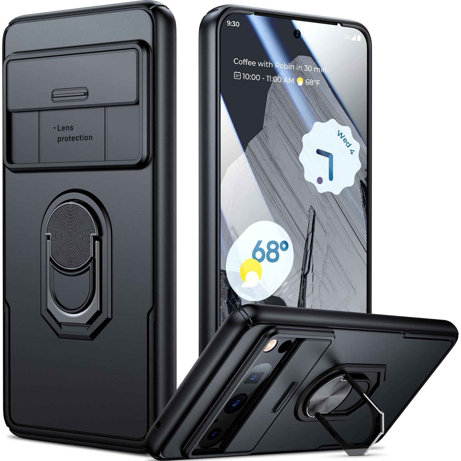 Simtect for Google Pixel 8 Pro Case with Sliding Camera Cover, [Military Drop Protection] [360° Rotation Ring Stand], Slim Protective Case for Google Pixel 8 Pro Phone Case 6.7'' - Black