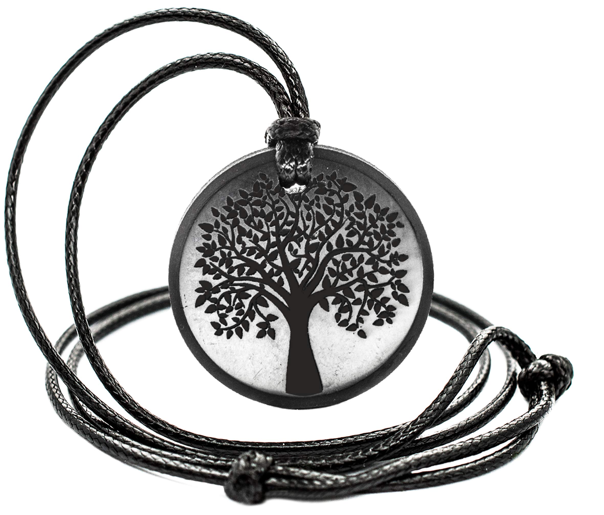 Wallystone Gems Shungite Pendant Engraving Sacred Geometry - Circle The Tree of Life