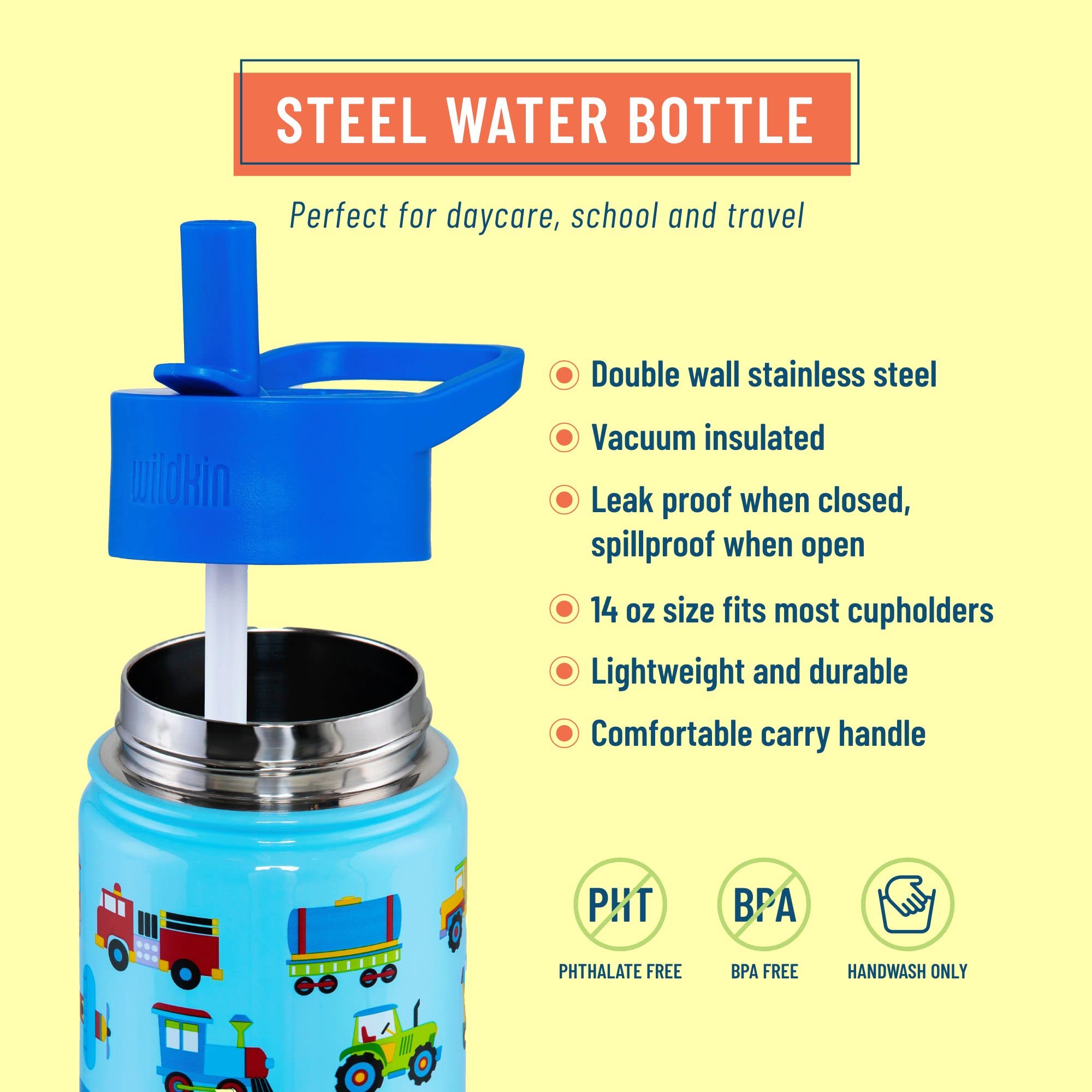 Wildkin 12 Inch Backpack Bundle with 14 Ounce Steel Reusable Water Bottle (Trains, Planes & Trucks)