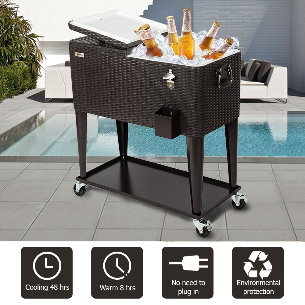 VINGLI 80 Quart Rolling Ice Chest, Portable Patio Party Bar Drink Cooler Cart, with Shelf, Beverage Pool with Bottle Opener (Brown)