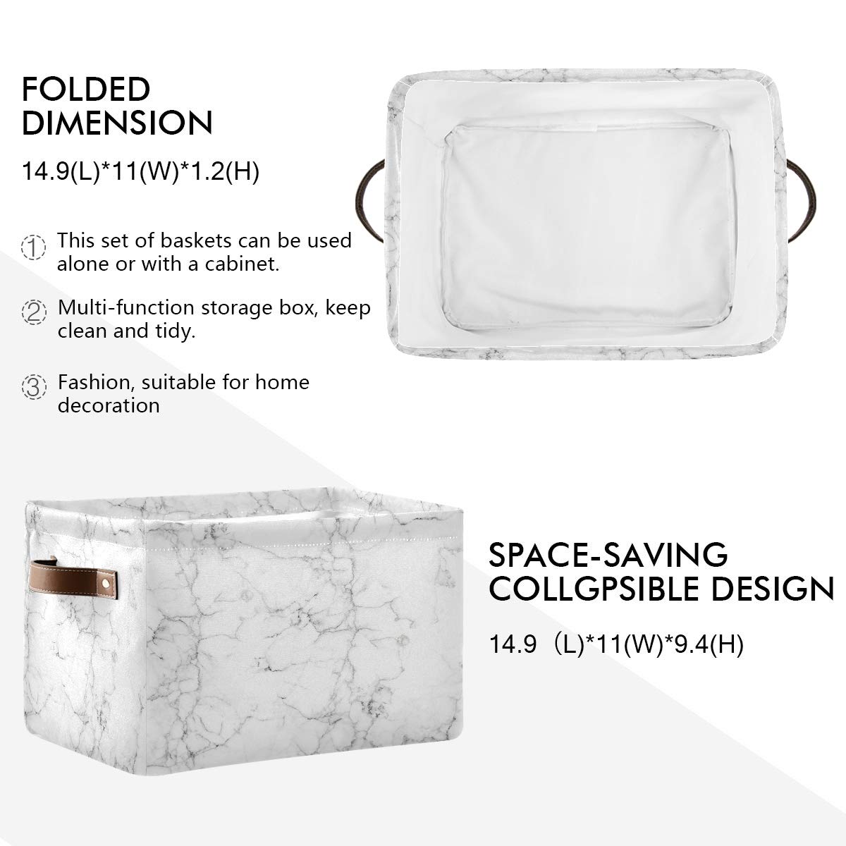 White Marble Storage Basket Bin Gold Glitter Large Fabric Toys Storage Cube Box with Handles Collapsible Closet Shelf Cloth Organizer Basket Set of 2 for Nursery Bedroom