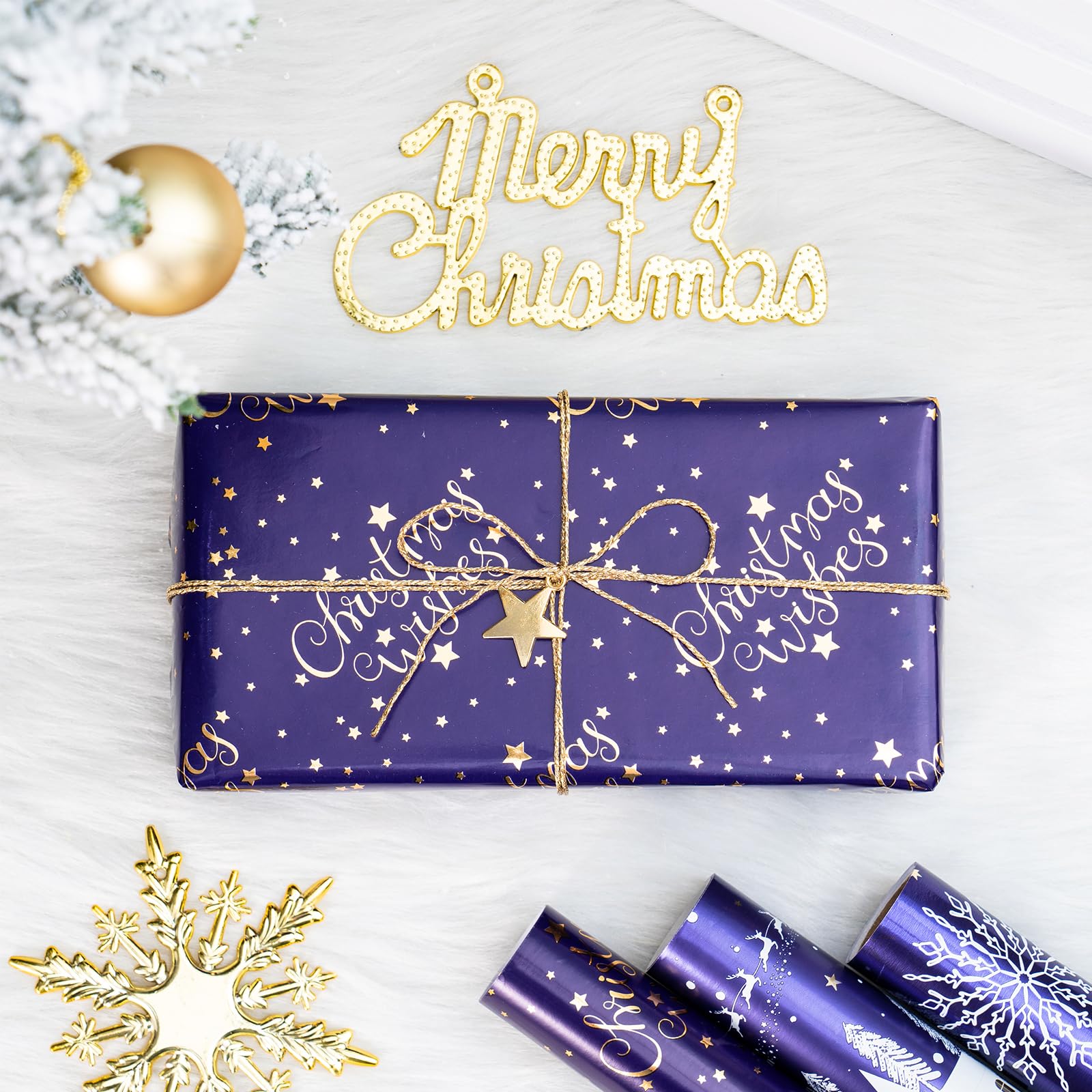 WRAPAHOLIC Christmas Wrapping Paper Roll - Mini Roll - 3 Rolls - 17 Inch x 120 Inch Per Roll - Dark Blue House, Reindeer, Snowflake Holiday Collection with Metallic Foil Shine