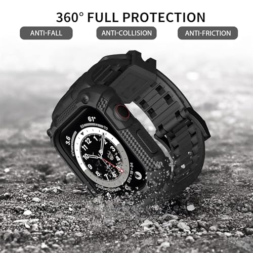 Wristitani Compatible with Rugged Apple Watch Band with Bumper Case 45mm for iWatch Series 9/8/7, Durable TPU Sport Strap with Full Coverage Screen Protector, 45mm Black