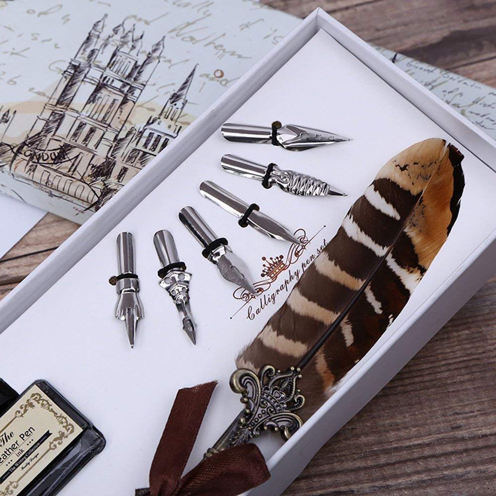 Vintage Feather Pens Calligraphy Set Quill Ink Pen Natural Handcrafted Dip Pen with11pcs Extra Pen Metal Nibs Writing Pen Gift Set