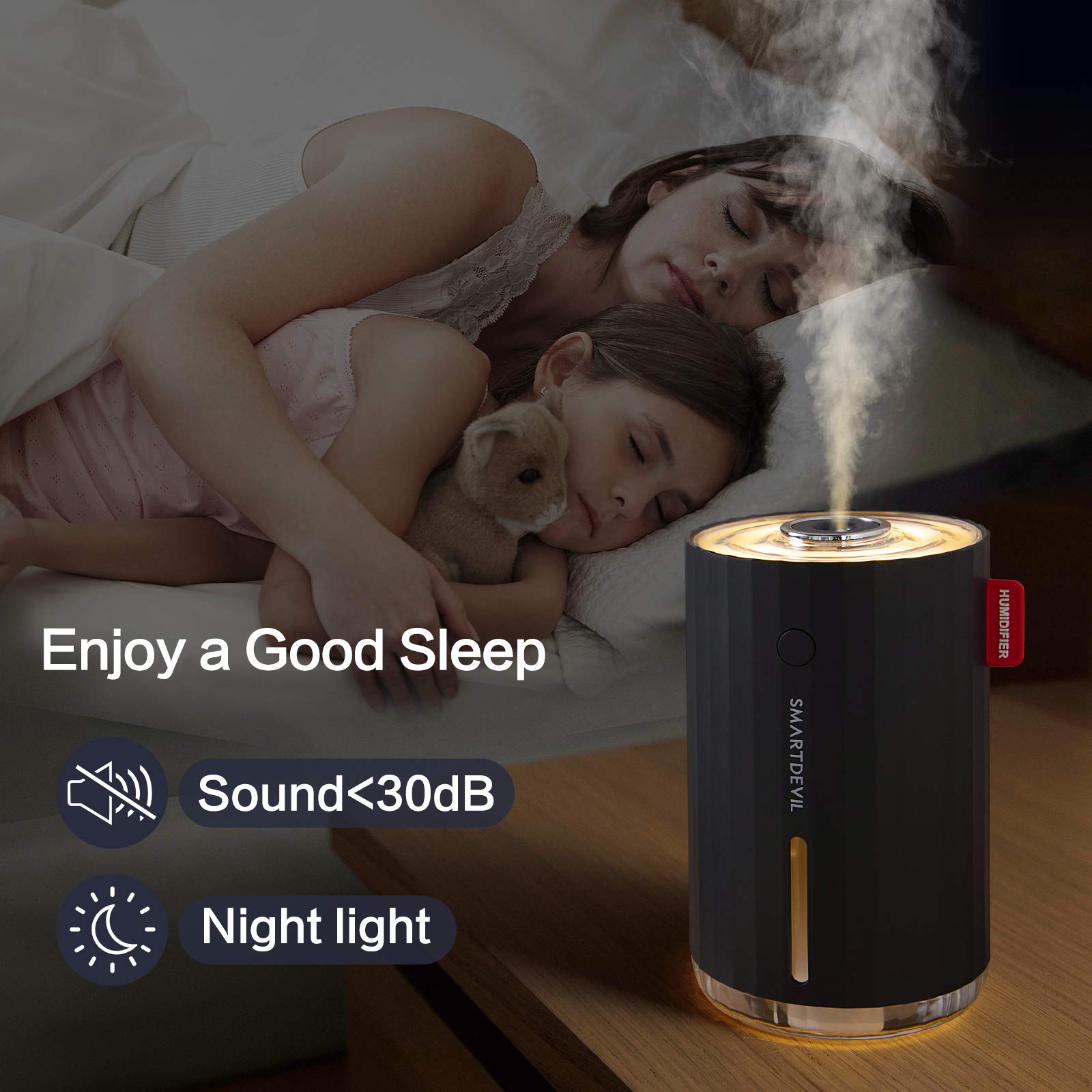 SmartDevil Mini Humidifier, Small Desk Humidifier, USB Personal Humidifiers with 2 Mist Modes, Whisper Quiet, Shut-Off for Bedroom, Plants, Baby Room, Office and Car (Black)