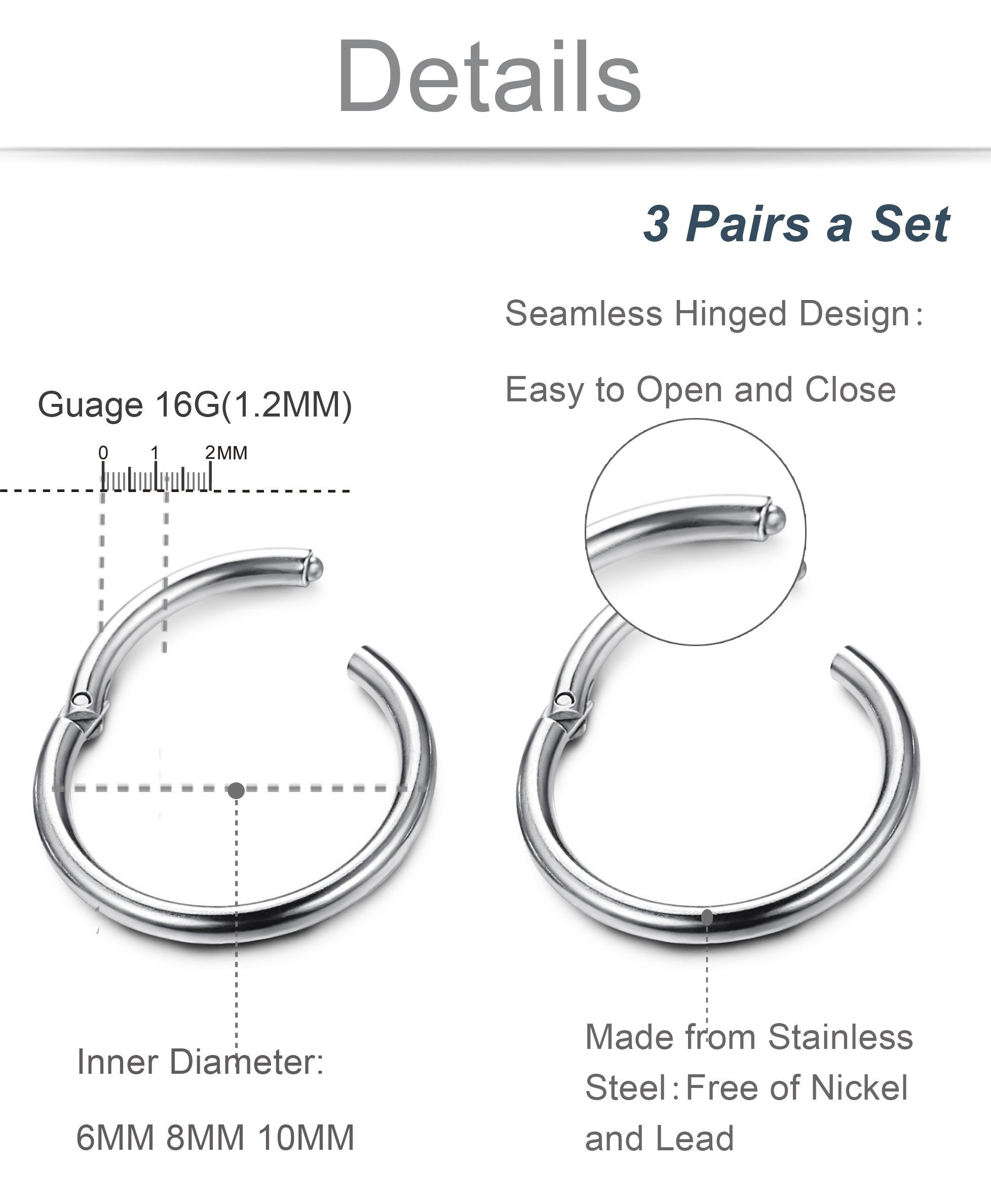 THUNARAZ 3 Pair Stainless Steel 16G Sleeper Earrings Septum Clicker Lip Nose Ring Body Piercing Silver-tone