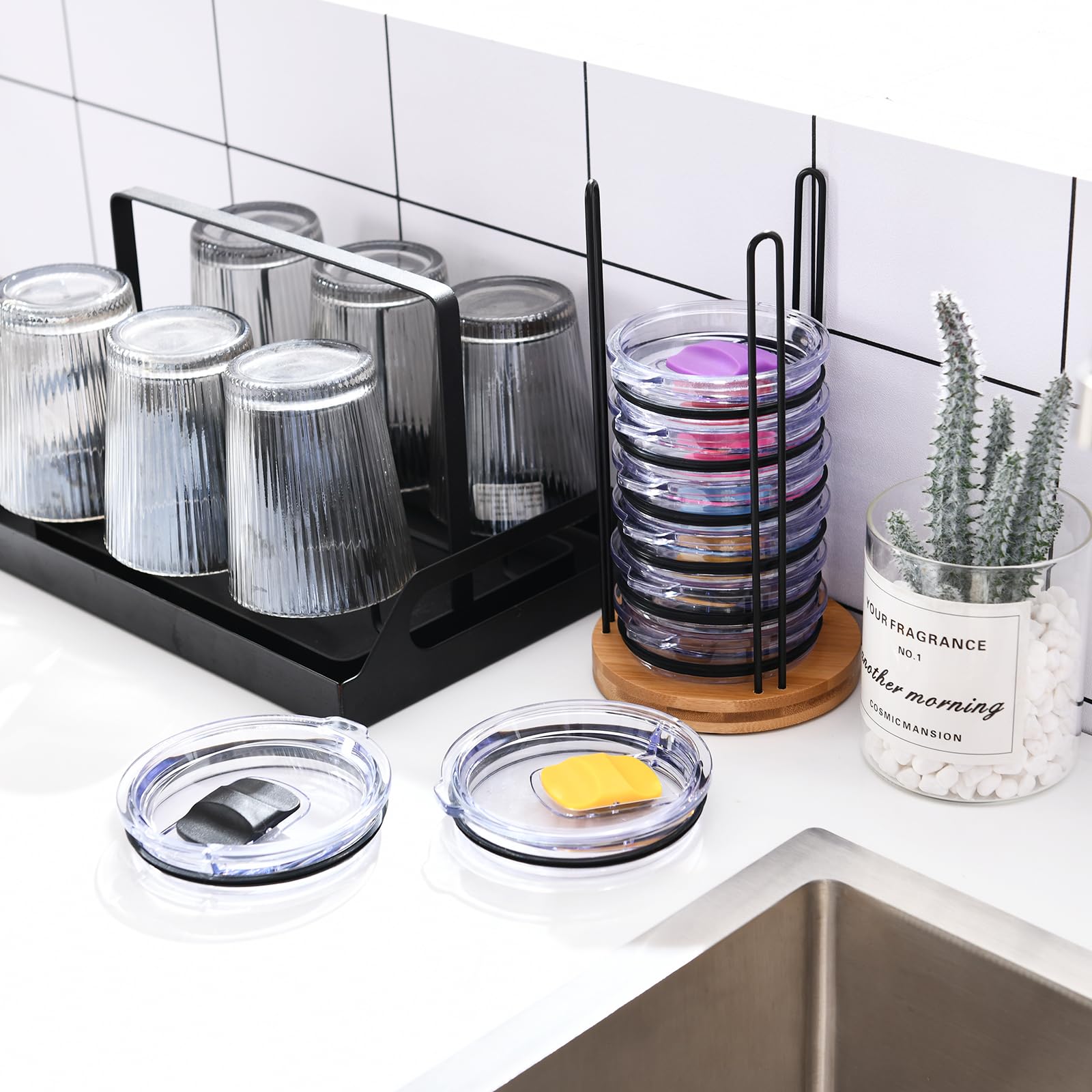 witarten Tumbler Lid Organizer, Detachable Bamboo Cup Lid, Vertical Storage for Up to 10 Lids,Keep Your Tumbler Lids Neatly Stored and Achieve Clutter-Free Cabinets and Countertops Organization