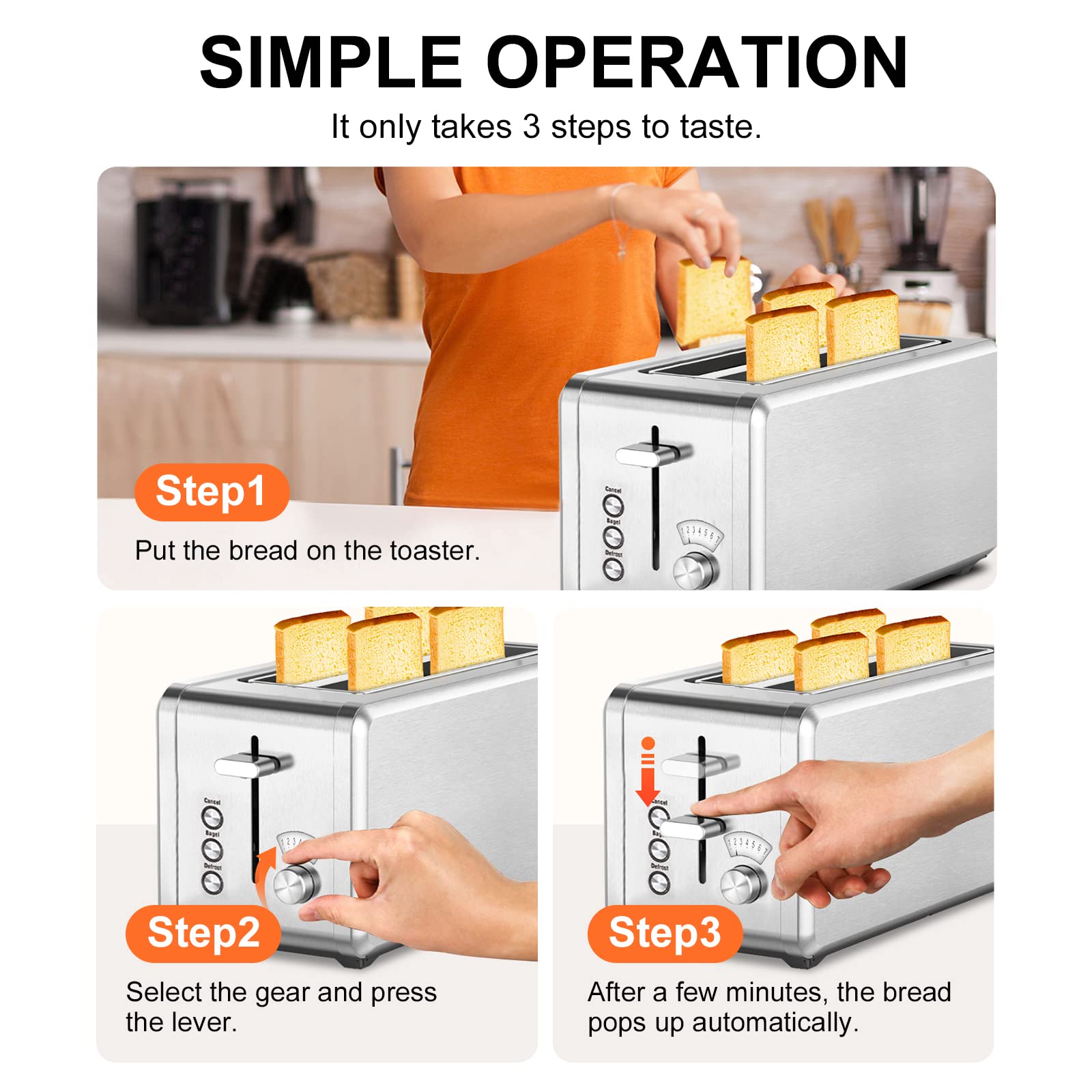 WHALL Toaster Stainless Steel,Toaster-6 Bread Shade Settings,1.5in Wide Slot