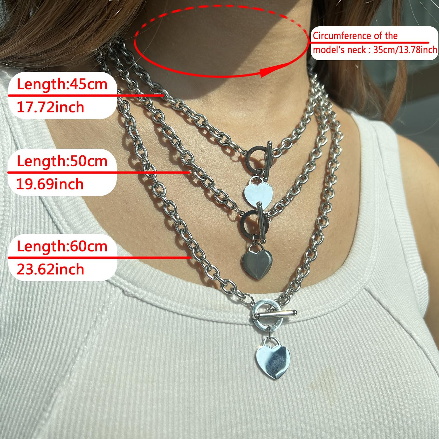 WangGao Elegent Love Stainless Steel Link Chain Blank Heart Charms Necklace for Women Toggle Clasp Closure,Silverā¦