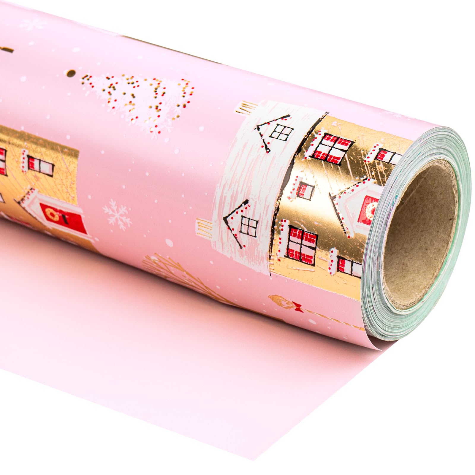 WRAPAHOLIC Reversible Christmas Wrapping Paper - 30 Inch X 100 Feet Jumbo Roll Blue Christmas Tree, Snowflake Design and Solid Blue Design with Metallic Foil Shine