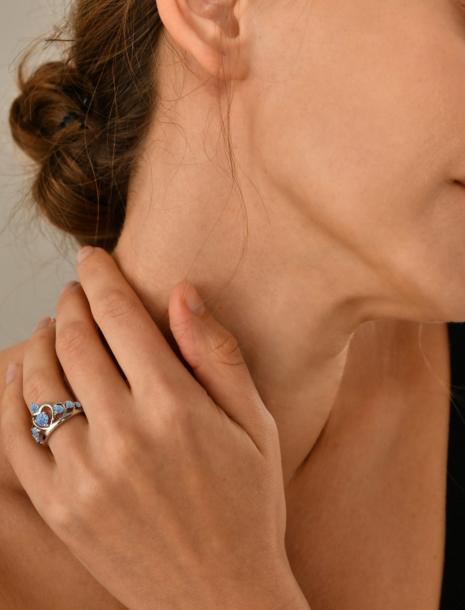 YL Crown Rings 925 Sterling Silver Heart Engagement Rings Queen Created Aquamarine Anniversary Jewelry-size6