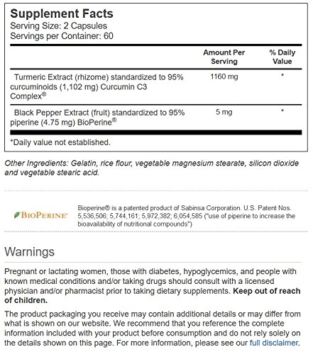 Vitacost Turmeric Extract Curcumin C3 Complex with Bioperine - 1,160 mg per Serving - 120 Capsules