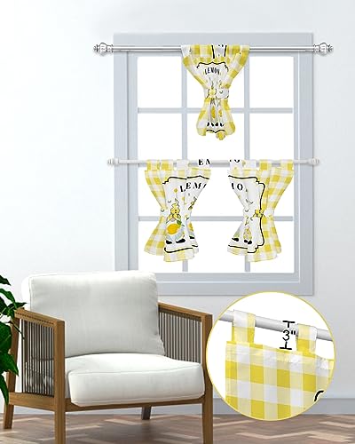 Tab Top Curtain Valance and Tiers Set,Summer Fruit Gnome with Farmhouse Lemon Light Filtering Kitchen Curtains Valances,Yellow White Buffalo Check Pastoral Cafe Window Treatment Drapes for Bedroom