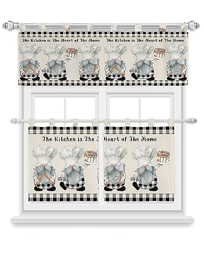 Tab Top Curtain Valance and Tiers Set,Chef Dwarf Cake Black Buffalo Plaid Light Filtering Kitchen Curtains Valances,Dessert Cooking Utensil Retro Linen Cafe Window Treatment Drapes for Bedroom