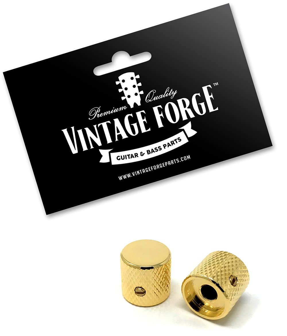 Vintage Forge Gold Flat-Top Barrel Knobs for Fender Telecaster Guitar and Precision P-Bass (Set of 2) 1/4 Inch Solid Shaft BK30US-GLD