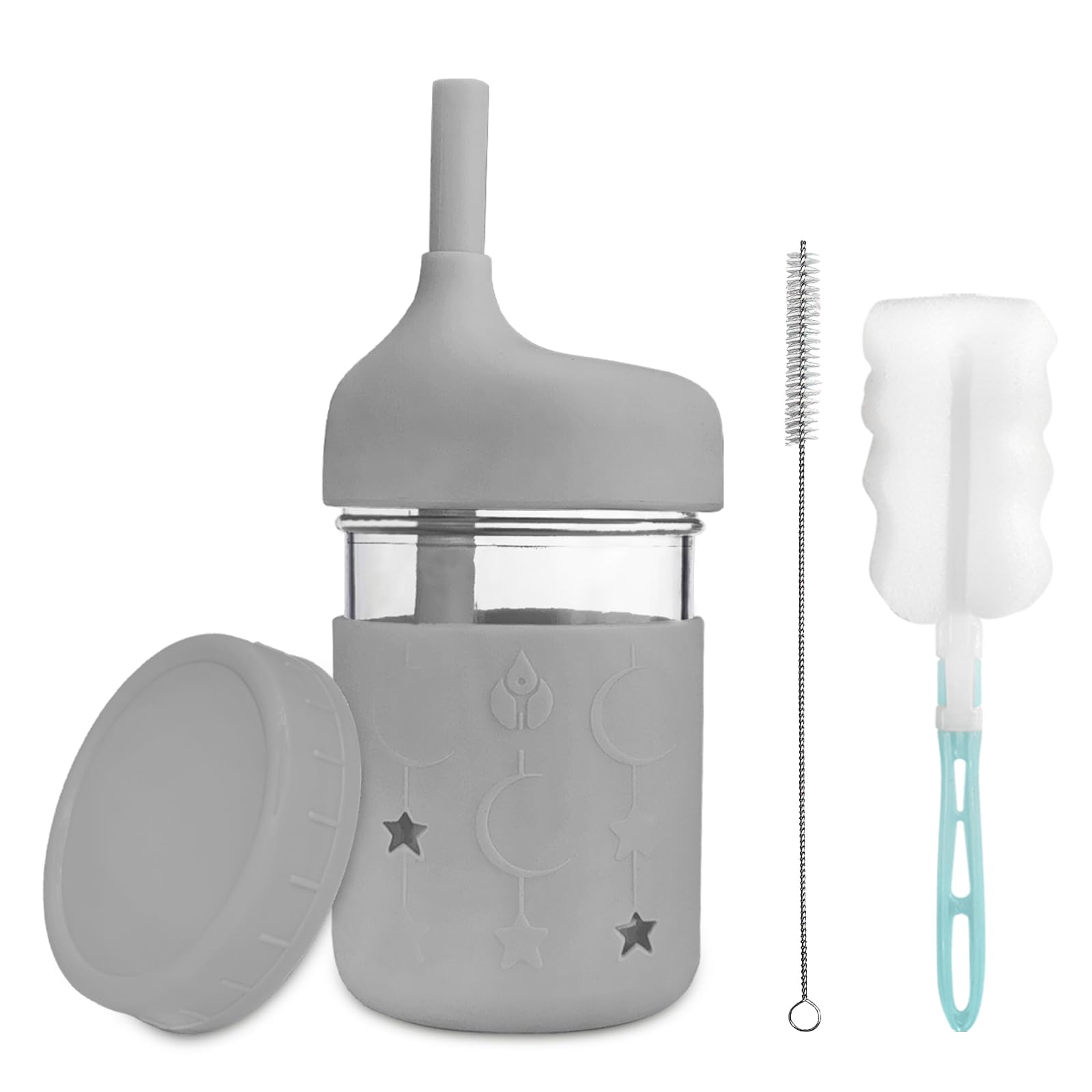 XccMe Glass Drinking Cups, 8 oz, Leak Proof Sippy Cups for Toddlers, Set of 4 with Silicone Sleeves, Lids and Straws