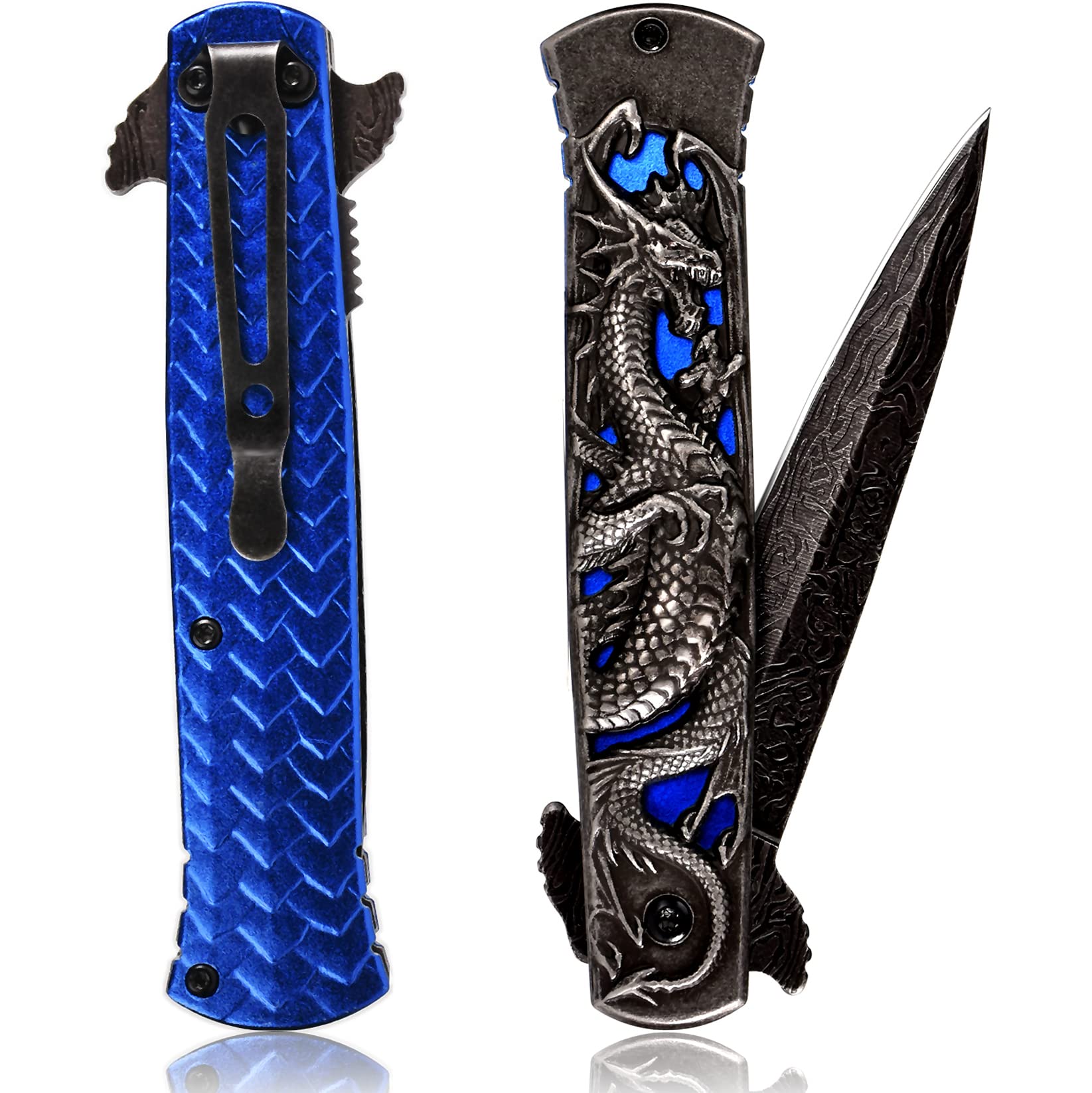 Single Edged Folding Knife With Sheath, Cool Pocket Knife for Men With 3D Dragon Relief, Great Gift Edc Knife For Men Outdoor Survival Camping Hiking Hunting (Black-blue)