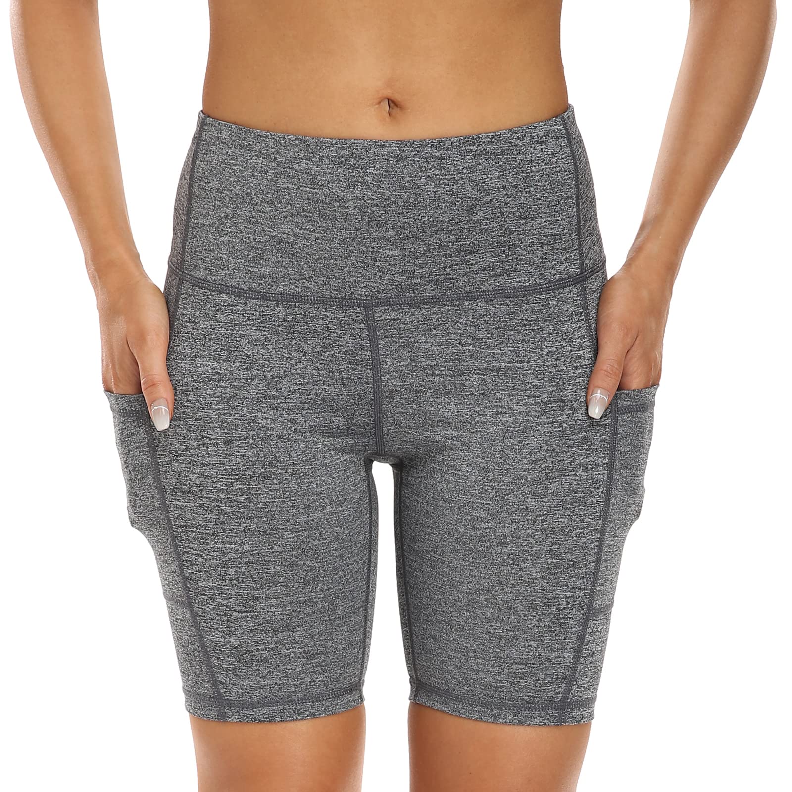 WANAYOU Women's 3 Pack High Waist Yoga Shorts Tummy Control Biker Shorts Workout Running Compression Shorts with Side Pockets 8" Exercise Spandex Shorts Size S - XL