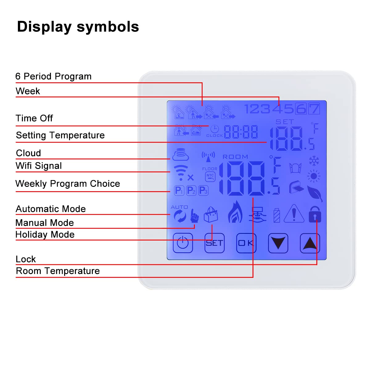 Wengart Programmable House Thermostat Programmable WG08,AC90-240V Max3A Touch Screen Digital LCD Display Work for Radiant Floor Heating Link Gas Boiler Blue Backlight