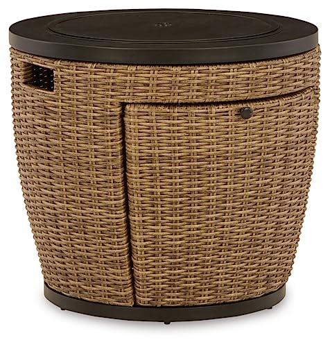 Signature Design by Ashley Malayah Casual Outdoor Resin Wicker Gas Firepit Table, Brown