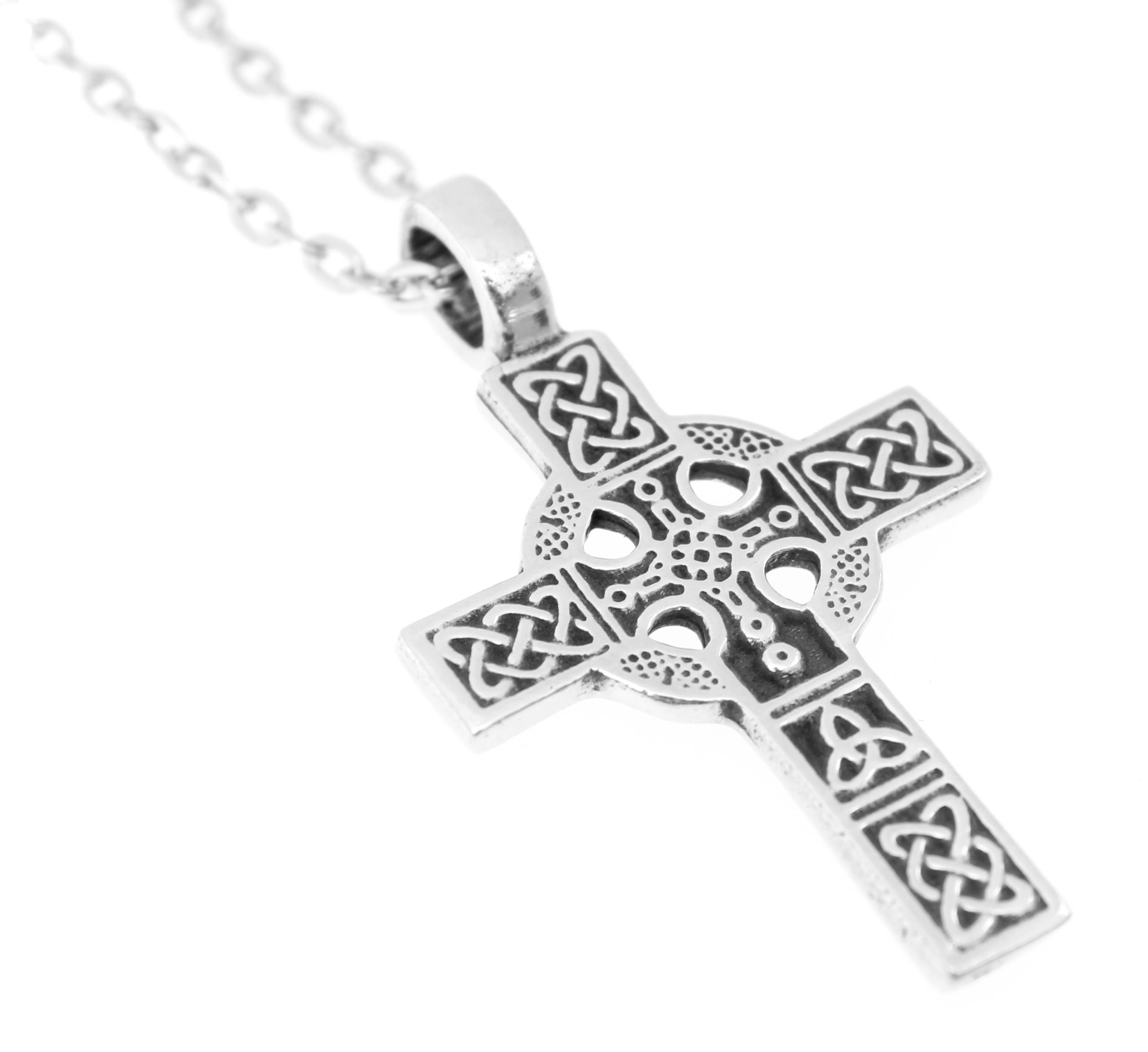 Trilogy Jewelry Pewter Celtic Cross with Triquetra Knot High Polish Pendant on 3mm Cable Link Chain