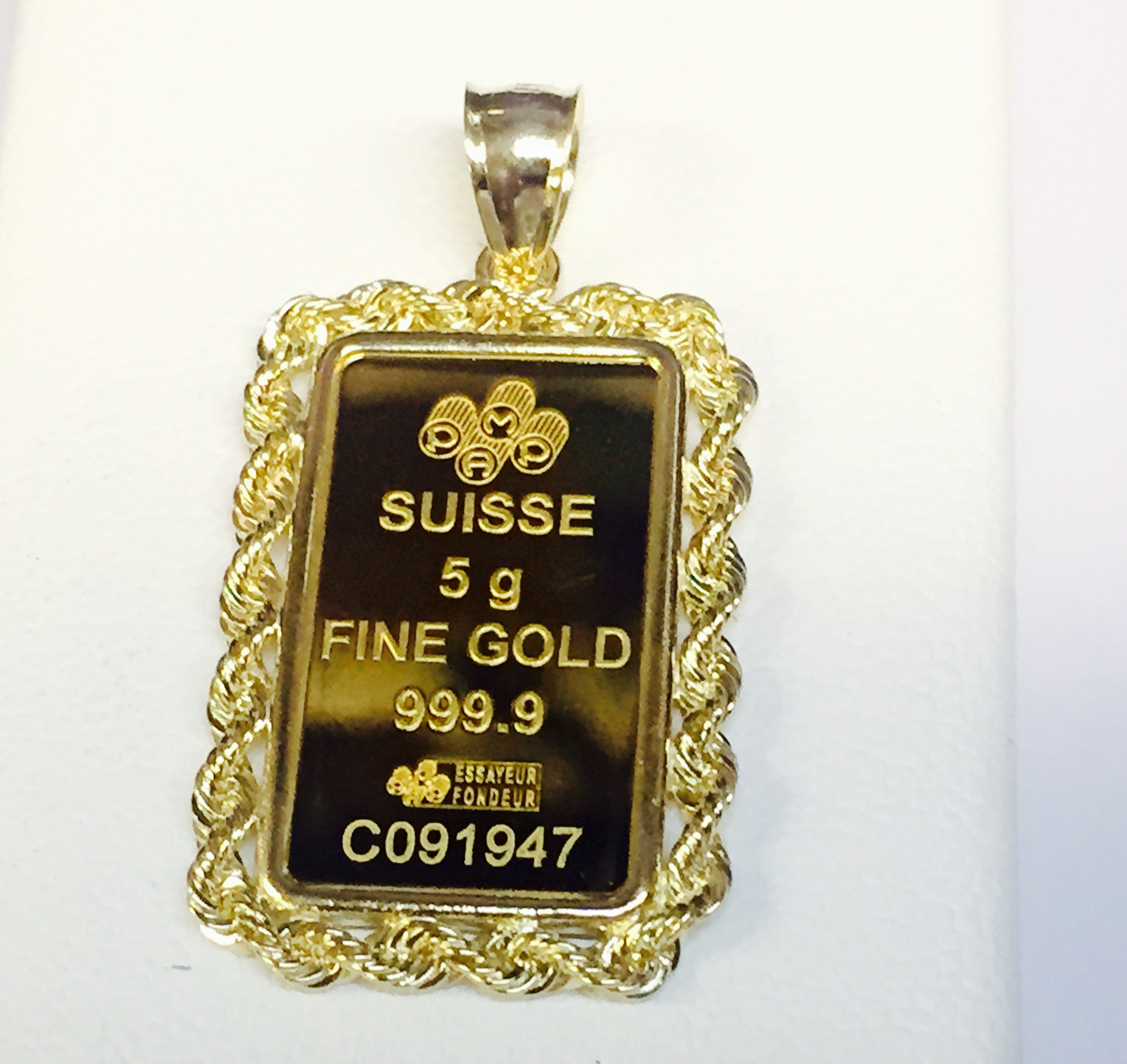 TEX 14k Yellow Gold Bullion Rope Pendant, 5gr Ingot Coin, Approx 1.2g