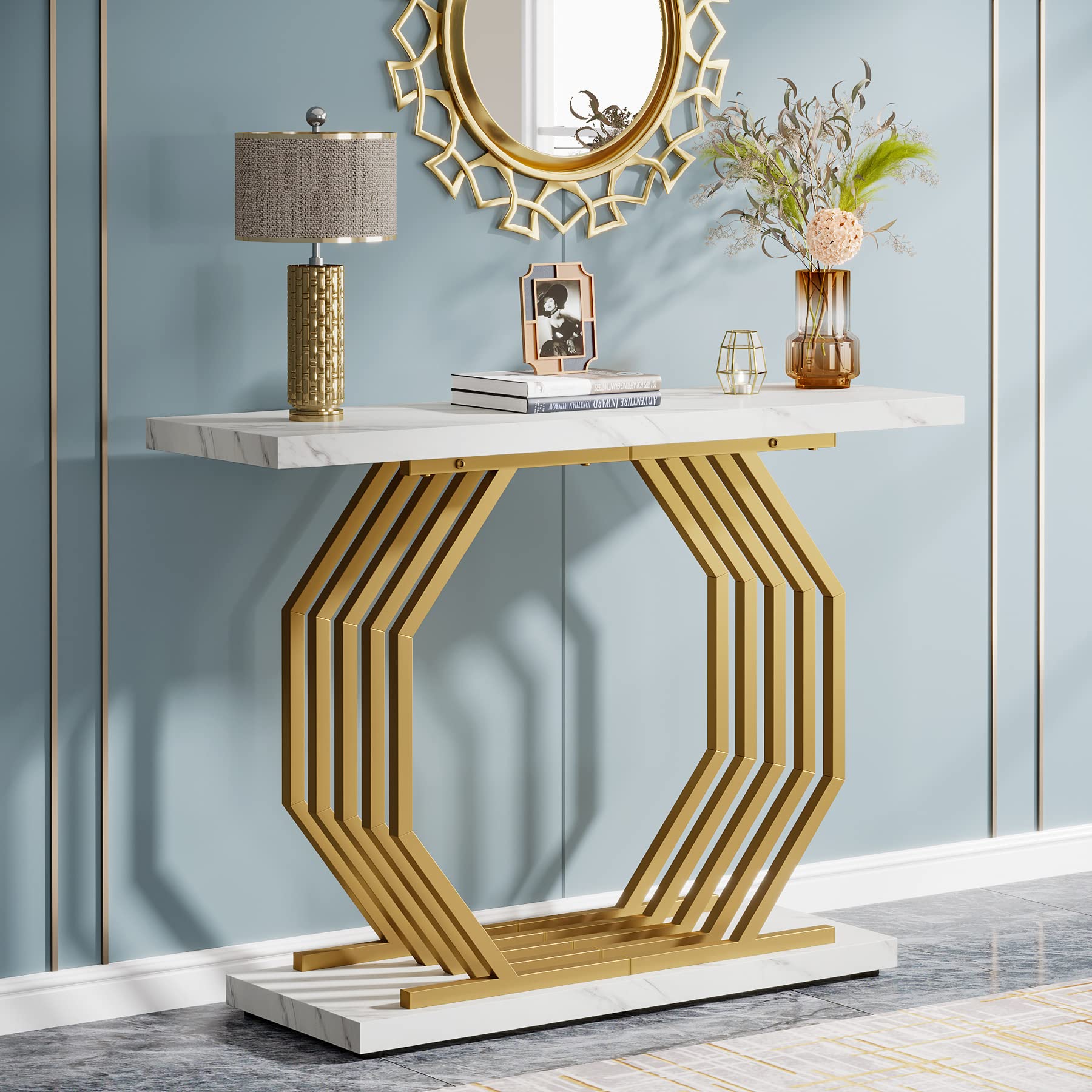 Tribesigns Gold Console Table, Faux Marble Entryway Table Narrow Sofa Table with Geometric Metal Base, 40 Inch Modern Accent Table Entrance Table for Living Room, Hallway, Foyer, Black