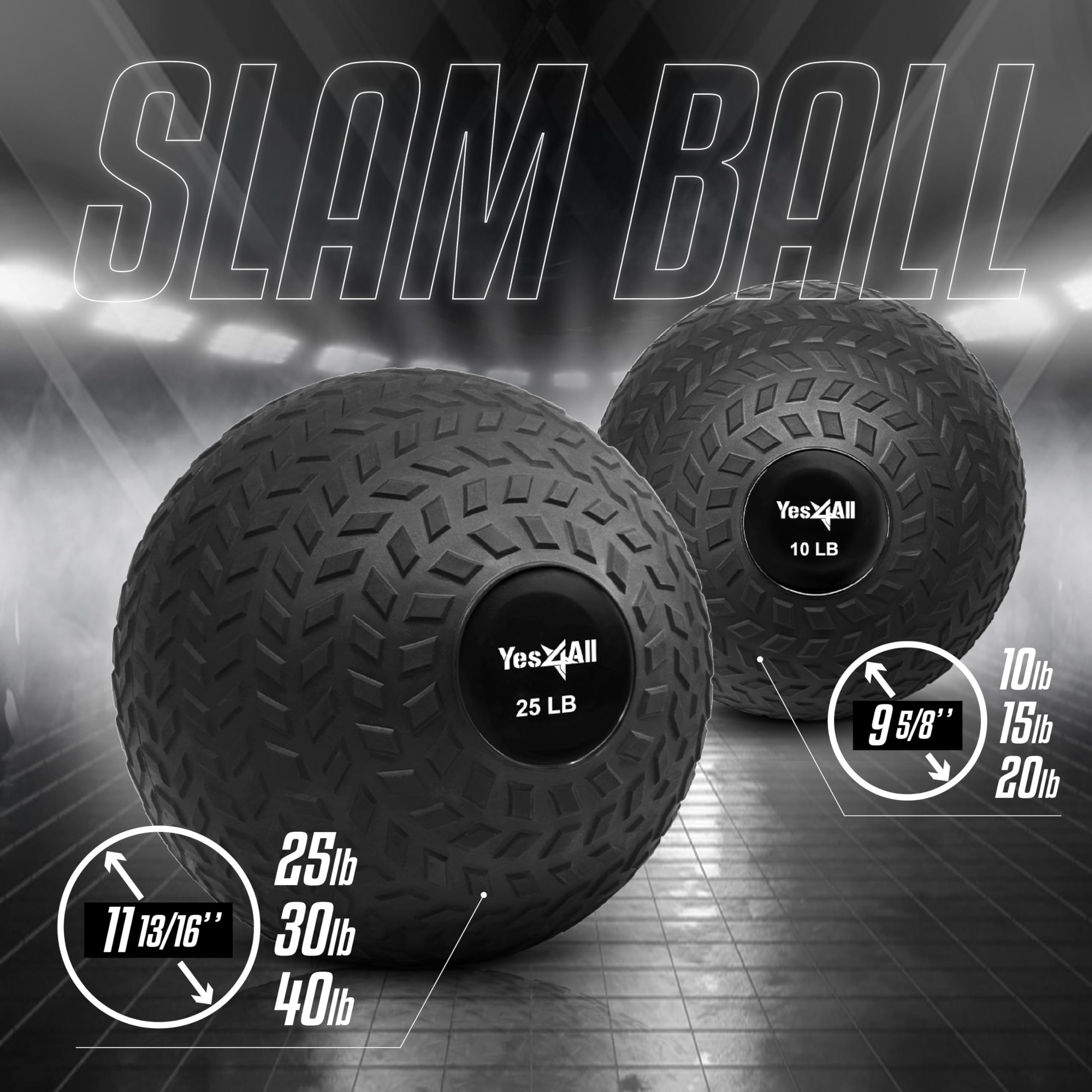 Yes4All 25 lbs Slam Ball for Strength, Power Workout - Fitness Exercise Ball with Grip Tread & Durable Rubber Shell (25 Lbs, Black)