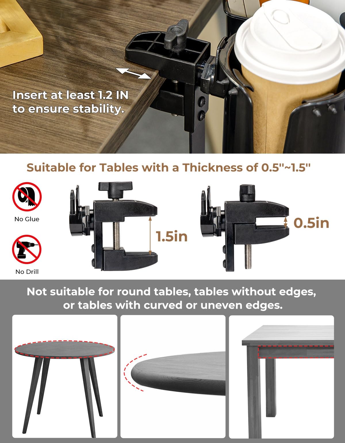 yamagahome Desk Cup Holder, 2 in 1 Large Table Cup Holder with Headphone Hanger, Anti-Spill Cup Holder for Water Bottles 18-40 oz, for Wheelchairs, Workstations, Gaming Desk Accessories black
