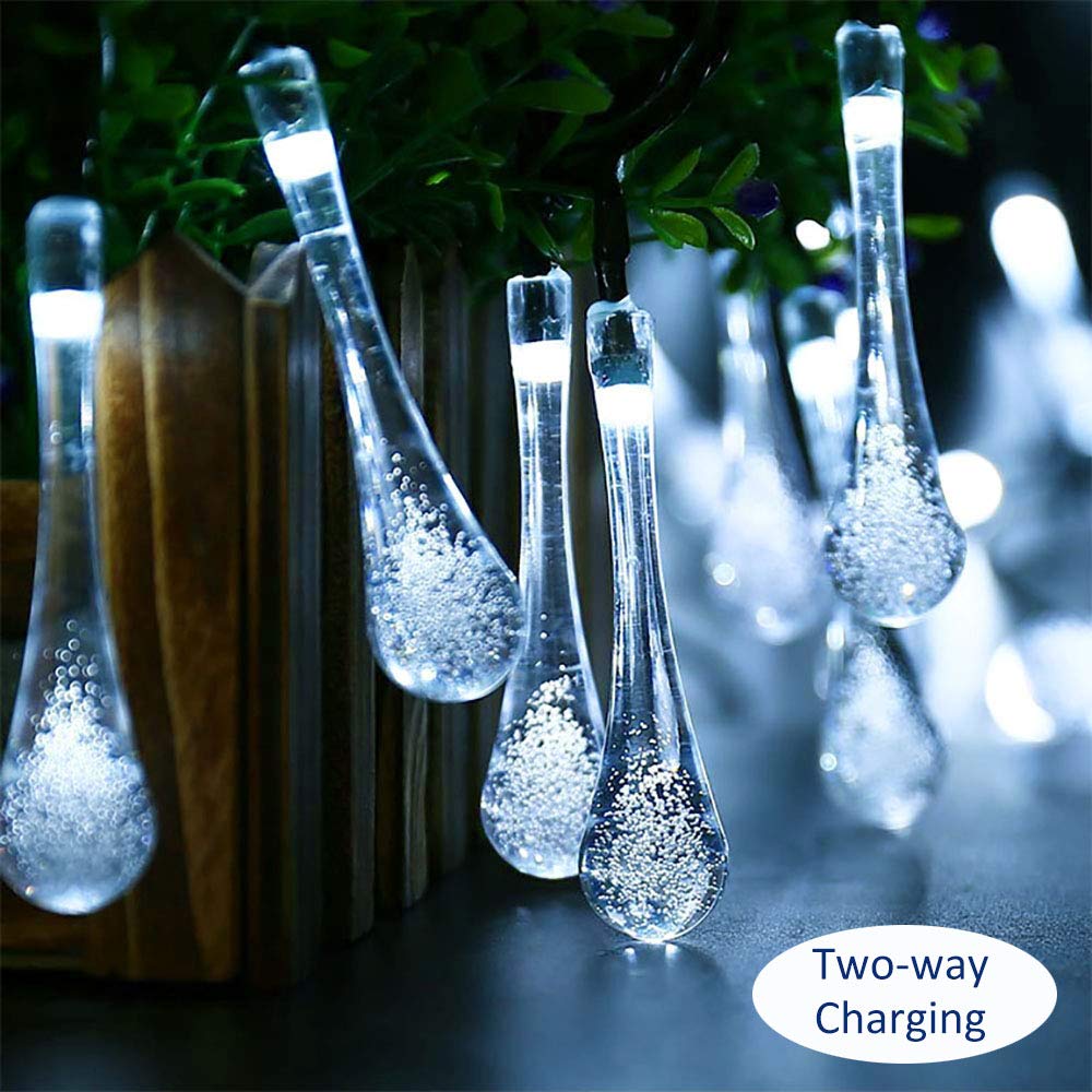 SKYFIRE Updated Version Solar Waterdrop String Light - Two-Way Charging ( Solar & USB Charge ) Waterproof Fairy Lights - 20ft 30LED White String Lights for Home, Garden Decorations