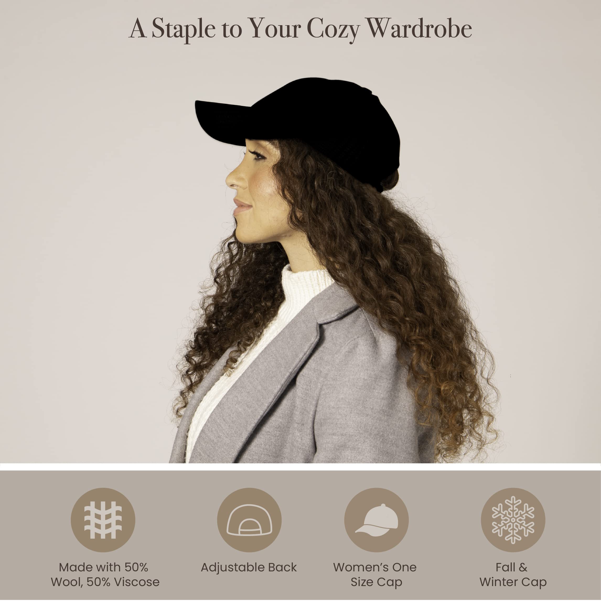 San Diego Hat Company Women's Wool Baseball Hat with Adjustable Back, Black, One Size