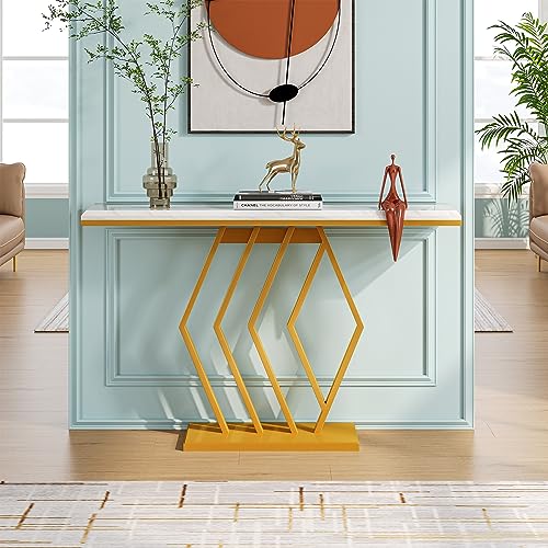 Tribesigns Gold Console Table, 47 Inch Faux Marble White Entryway Sofa Table with Geometric Base, Modern Narrow Accent Table Behind Couch for Living Room, Hallway, Foyer, Entrance