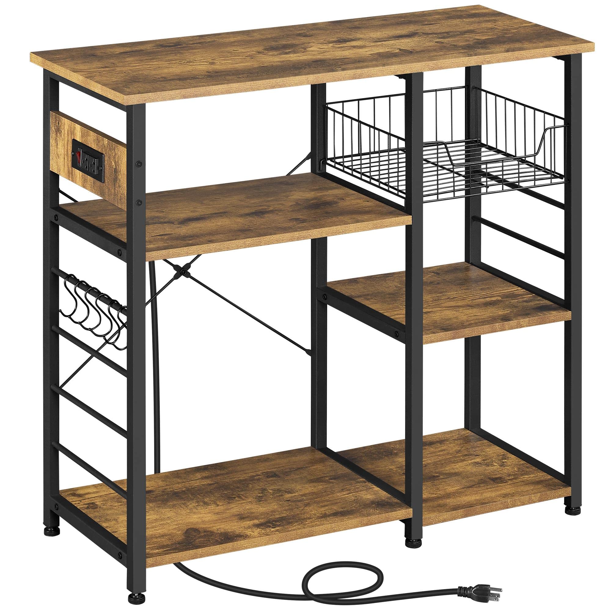 Yaheetech Kitchen Bakers Rack with Power Outlet & Wire Basket, Coffee Bar Microwave Stand with 6 Hooks, Freestanding Storage Shelf for Spices, Pots Pans, Rustic Brown