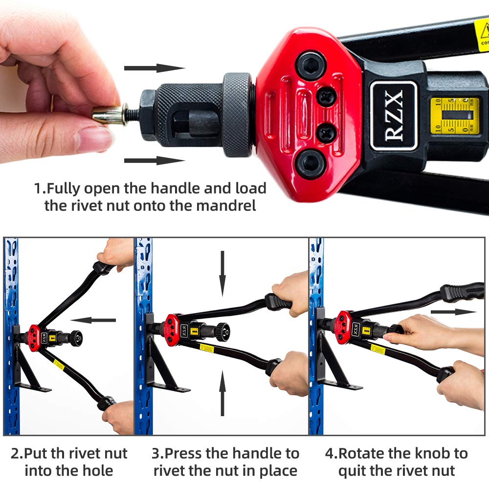 RZX 16" RIVET NUT TOOL Hand Blind Riveter,RIVNUT Riveting Tools with Nut Setting System totally 12mandrels M3 M4 M5,m6,m8,m10 M12, 10-24, 1/4-20, 5/16-18,3/8-16,1/2-13 +115PCS Rivets Nuts