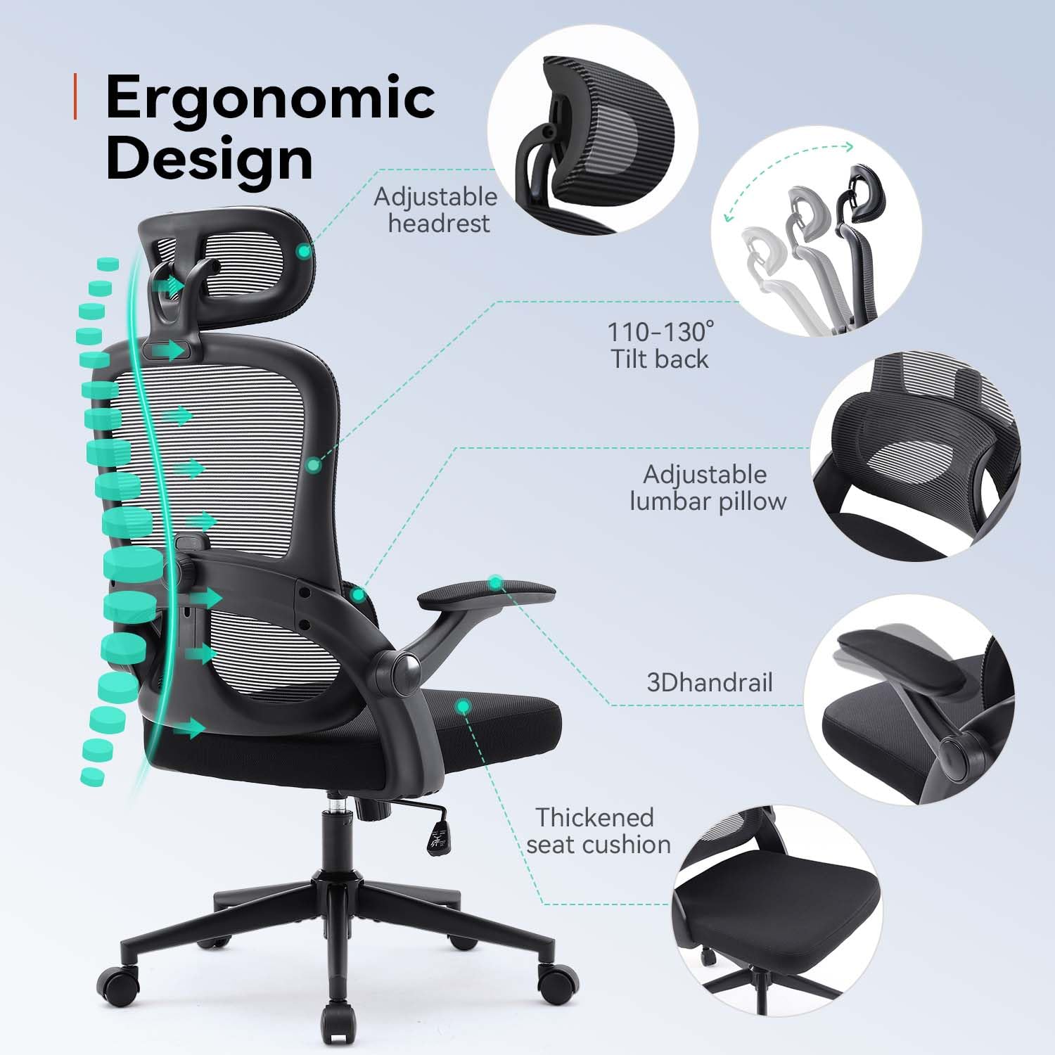 SIHOO M102C Ergonomic Mesh Office Chair, High Back Desk Chair with 3D Armrests, Up&Down Lumbar Support, Swivel Computer Task Chair with Adjustable 2D Headrest, Tilt Function red