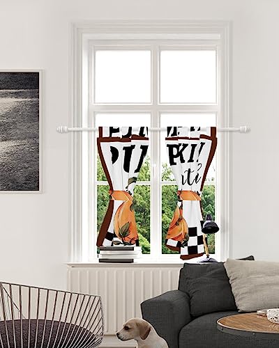 Tab Top Window Curtain,Autumn Farm Orange Pumpkins Patch Tier Curtains Panels Kitchen Valance 2 Drapes,Fall Harvest Black White Checkered Light Filtering Window Treatment for Bathroom Bedroom Cafe