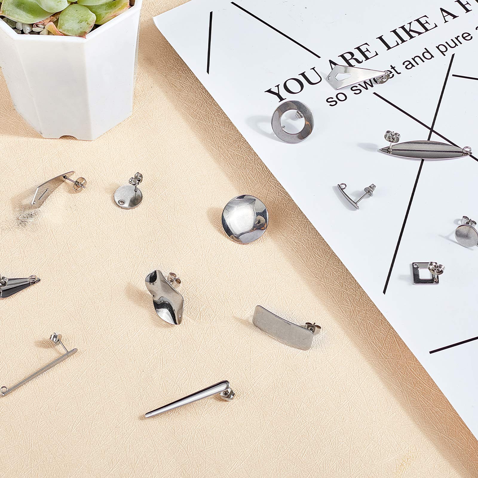 UNICRAFTALE 30pcs 15 Styles Stud Earring Findings 304 Stainless Steel Post Ear Stud Findings with Loop and Ear Nuts 0.7mm/0.8mm Pin Stud Earrings for Women Dangle Earring Making