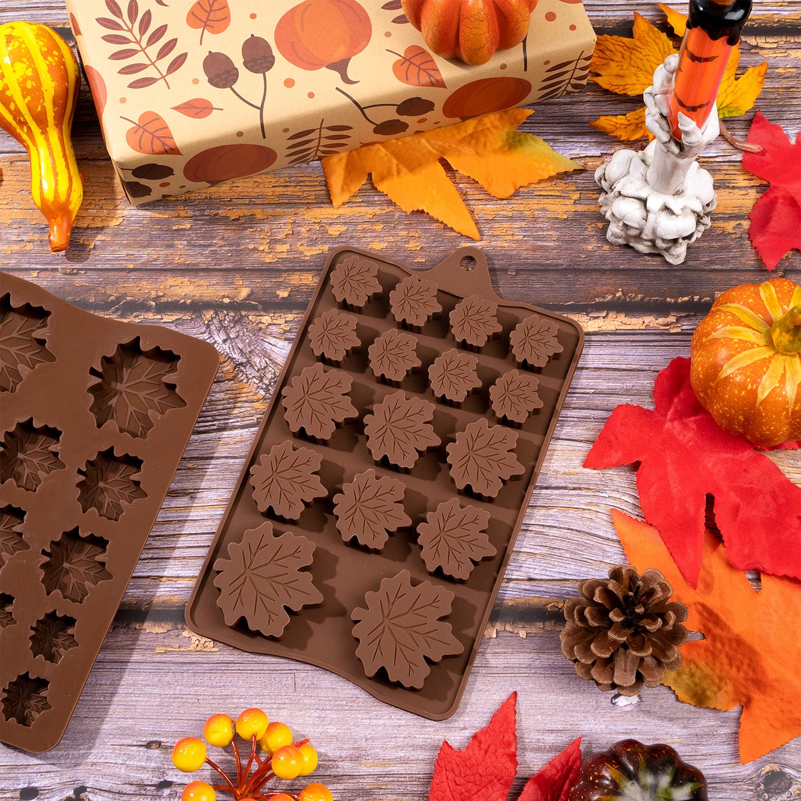 Whaline 4 Pack Silicone Maple Leaves Mold 3 Size Autumn Fall Fondant Resin Mould Brown Leaf Shape Coffee Candy Baking Molds for DIY Craft Fall Harvest Thanksgiving Halloween Cupcake Cake Topper Decor