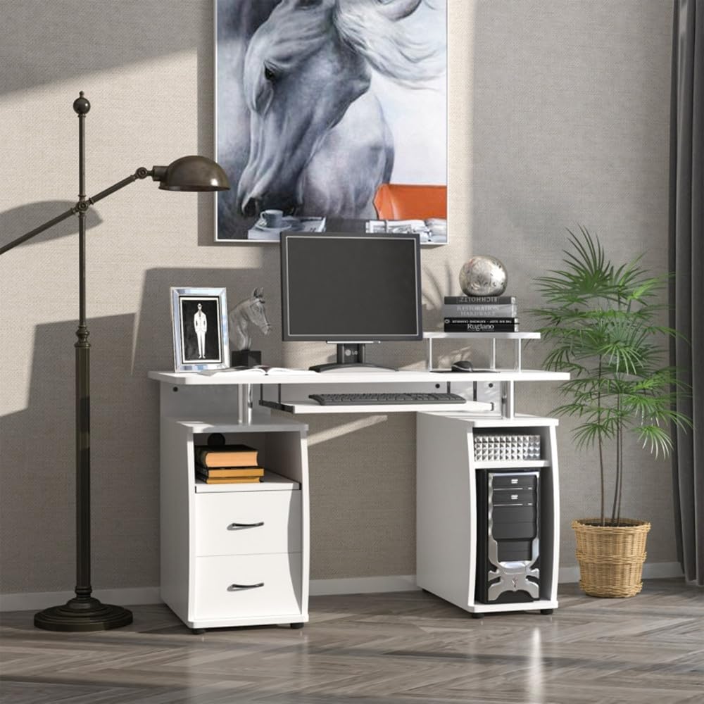 White Computer Desk with Storage Shelves Monitor Stand Keyboard Tray, Home Office Desk, Simple Modern Style Laptop Desk for Small Space, Office Desk with Adjustable Monitor Stand Study Writing Table