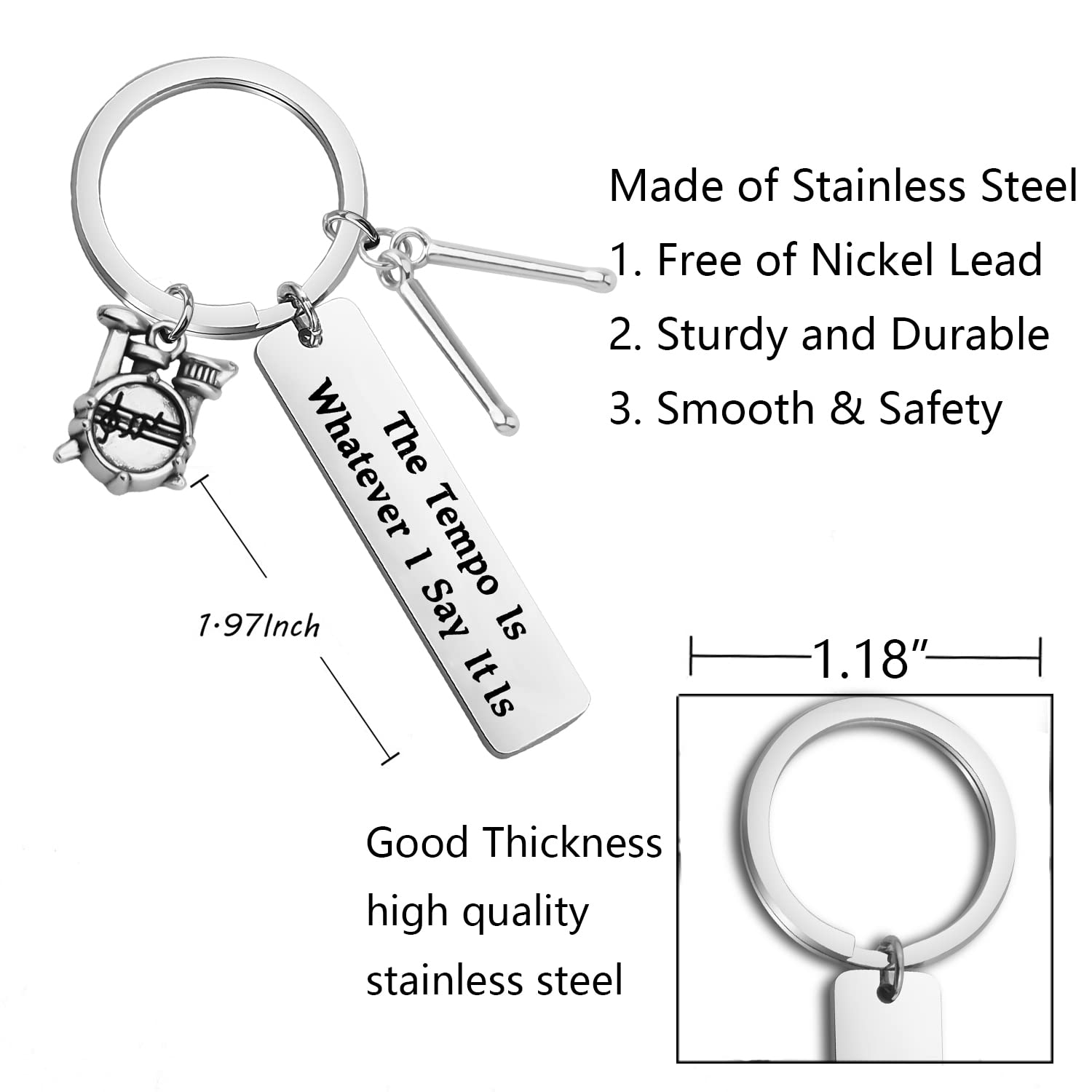 WSNANG Drum Keychain Percussionist Gift Music Teacer Drumstick and Drumkit Charms Key Chain Band Member Gifts (silver)